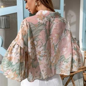 Rebellious Rose | Tops | Floral Print Lantern Sleeve Button Front Shirt ...